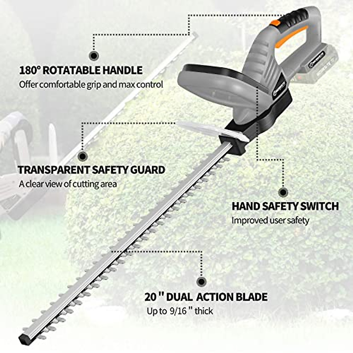 WORKSITE 20V Hedge Trimmer Cordless, Lightweight Bush Trimmer with 20-Inch Dual Steel Blade, Battery & Fast Charger Included