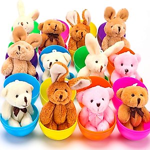 NEWBEA 12 Pack Prefilled Easter Eggs with Stuffed Animals,3.15" Plastic Easter Eggs Filled with Toys,Perfect for Easter Eggs Hunt