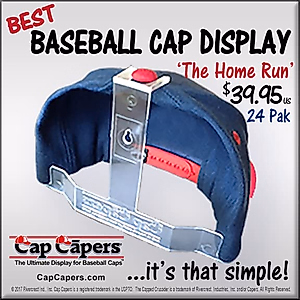 Cap Capers® Baseball Cap Display; Wall Mounted Hat Rack; Baseball Cap Storage & Organization; (24 pk) Great for Cap Collectors. The Ultimate Display for Baseball Caps