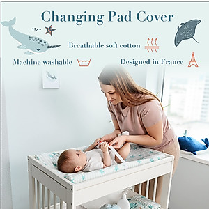 My Little Zone 100% Cotton Changing Pad Cover for Baby Boys and Girls, Nautical - Breathable Bassinet, Mini Crib Mattress Fitted Sheets - Ocean Stars, 32"x16" with 8" Deep Pocket, Teal-White, 2 Pack