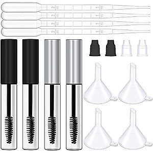 Benvo 4 Pcs 10ml Empty Mascara Tubes with Eyelash Wand Eyelash Cream Container with 4 Transfer Pipettes and 4 Funnels 4 Rubber Inserts for Castor Oil Brow Growth Serum DIY Cosmetics