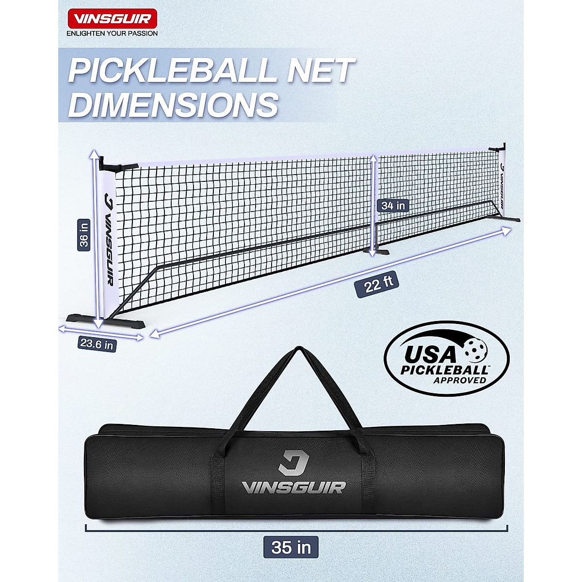 VINSGUIR Portable Pickleball Net, Pickleball Nets Designed for All Weather Conditions with Steady Metal Frame and Strong PE Net, Regulation Size Net with Carrying Bag