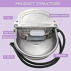 PAULOZYN Heated Automatic Animal Drinking Water Bowl, Heated Livestock Waterer, 304 Stainless Steel Livestock Water Trough Dispenser with Float Ball Valves, for Chicken Horse Cattle Cow Goat Pig