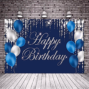 Happy Birthday Backdrop Navy Blue and Silver Happy Birthday Sign Blue Happy Birthday Banner Photo Studio Backdrop Birthday Party Supplies Photography Background for Favor Children Men Women 7x5ft