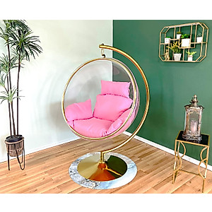 SK CHUMRA Bubble Hanging Chair Clear Acrylic Accent Swing Chair with Gold/Chrome Stand and Durable Fabric Seat Cushion (Gold/Pink Cushion)