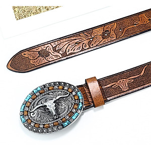FGSS Western-Cowboy-Leather-Belts for Women Turquoise-Oval-Buckle Embossed Cowgirl Belt for Jeans Pants