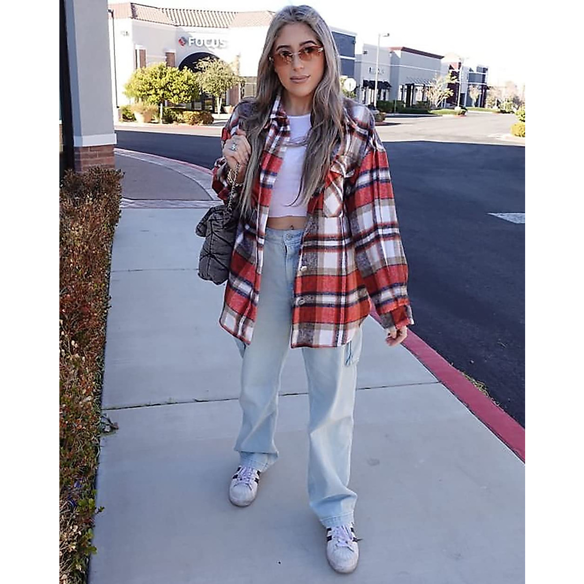 KIRUNDO Women's 2024 Fall Winter Flannel Plaid Shirts Jacket Casual Long Sleeve Boyfriend Button Down Shacket Coats(Style3-Orange, X-Large)