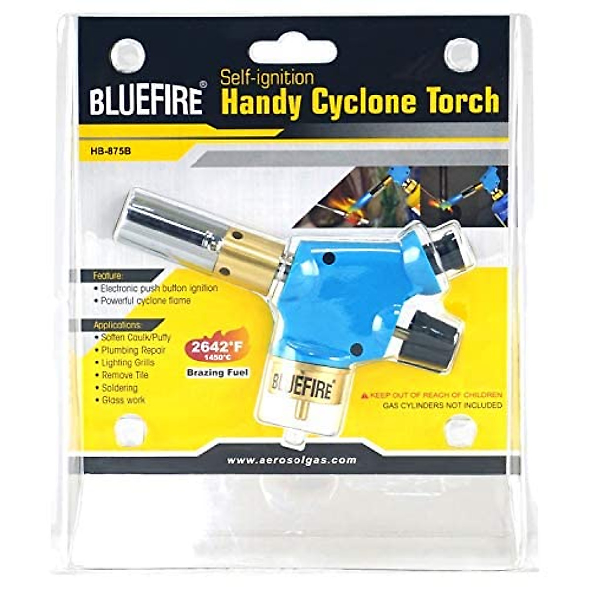 BLUEFIRE Handy Cyclone Torch Head Only Push Button Trigger Start Nozzle Torch Fuel by Propane MAPP MAP PRO Gas Cylinder Welding Soldering Brazing Cooking Glass Beads DIY