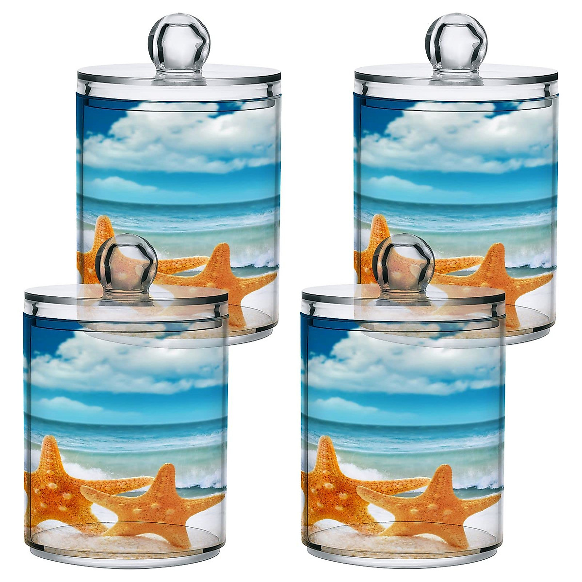 ALAZA 2pcs Summer Sea Beach Starfish Funny Qtip Holder Dispenser 14 oz Bathroom Storage Clear Apothecary Jars Containers Cotton Ball,Cotton Rounds,Floss Picks, Hair Clips, Food