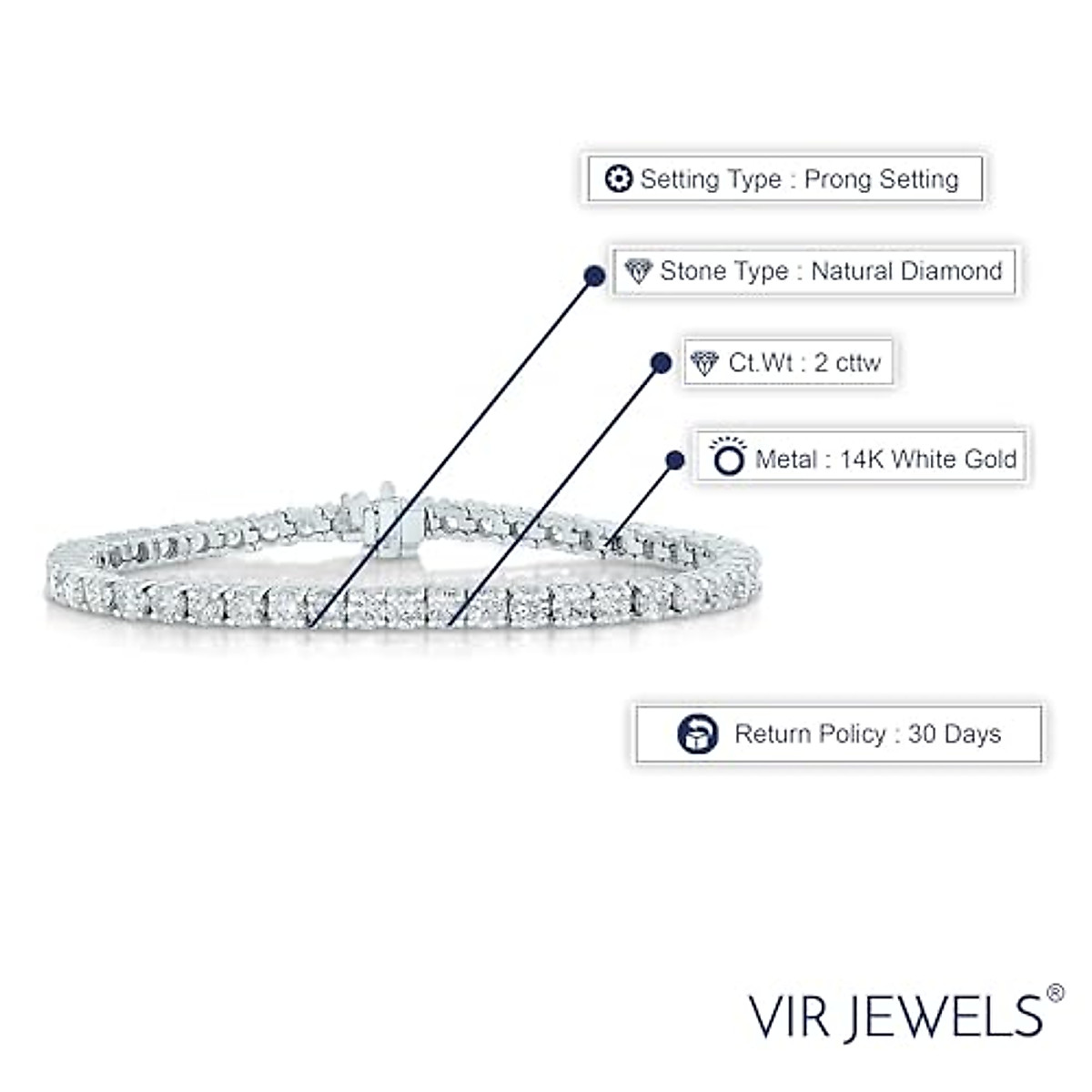 Vir Jewels 2 cttw Diamond Tennis Bracelet 14K White Gold Round Prong 7 Inch