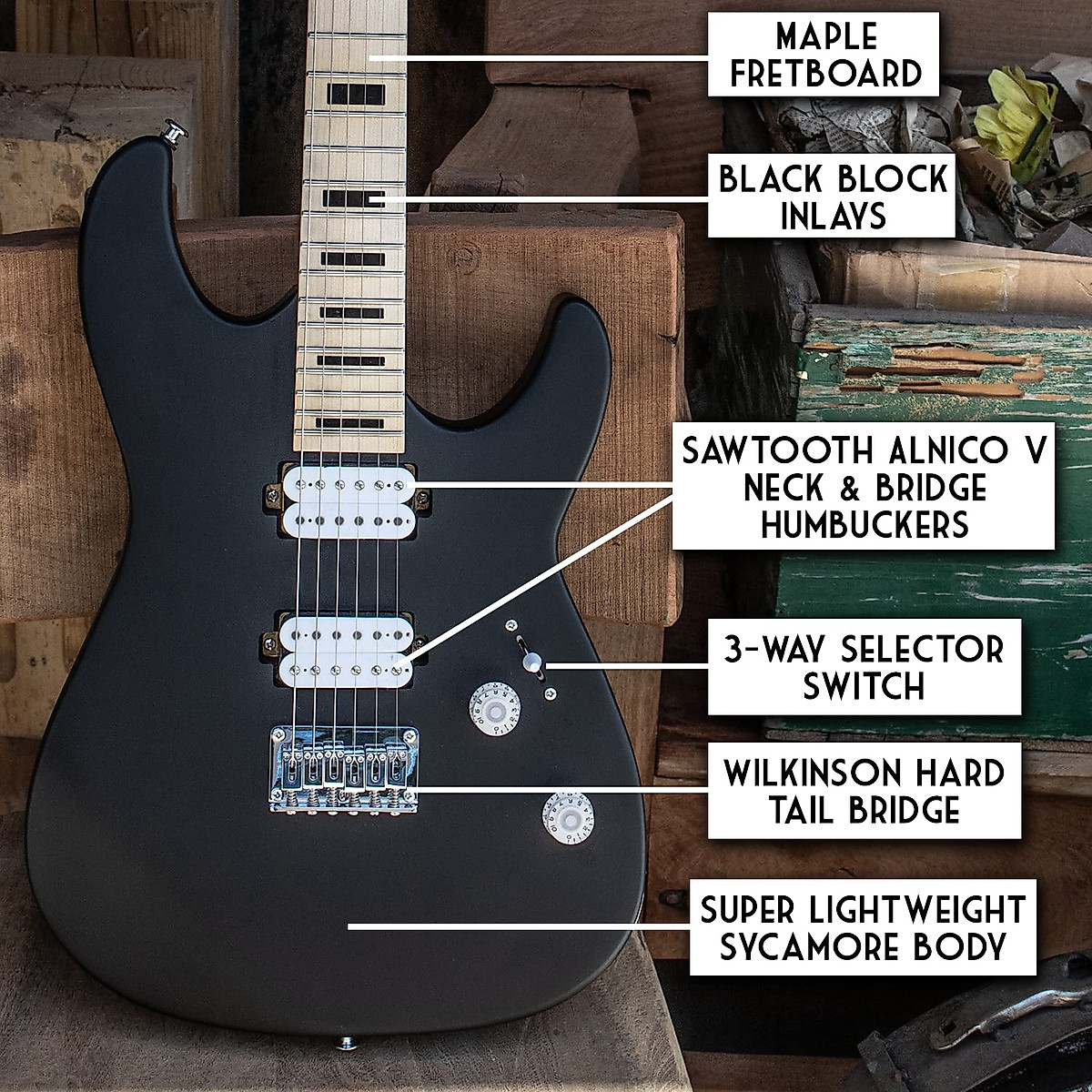 GoDpsMusic 6 String Sawtooth ST-M24 Electric Guitar, Right Handed Satin Black (ST-M24-SBK)