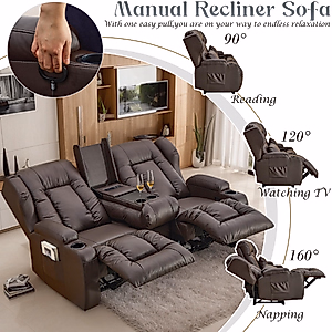 URRED Loveseat Recliner Sofa for Living Room, 67" RV Loveseat Sofa Home Theater Seating with Flipped Backrest Console, Wall Hugger, Hide Storage, Cup Holders (Faux Leather, Brown)