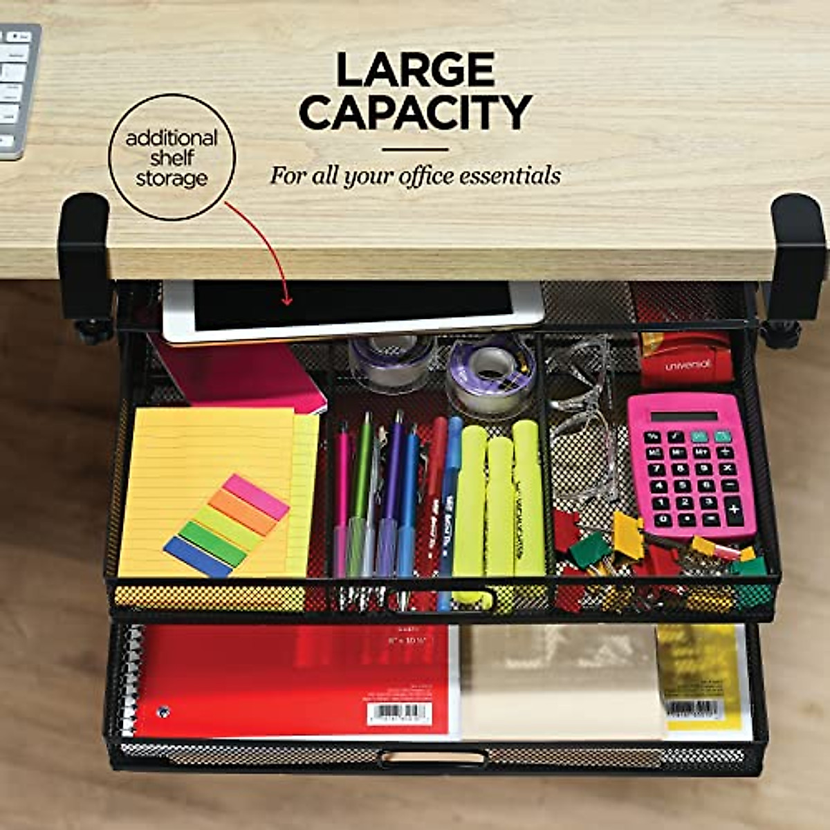 Under Desk Drawer Organizer Clamp-On, Mesh Metal Desk Drawer Attachment, 2 Drawer Slide Out, On Desk Or Under Desk Organizer For Office Supplies & Home Essentials