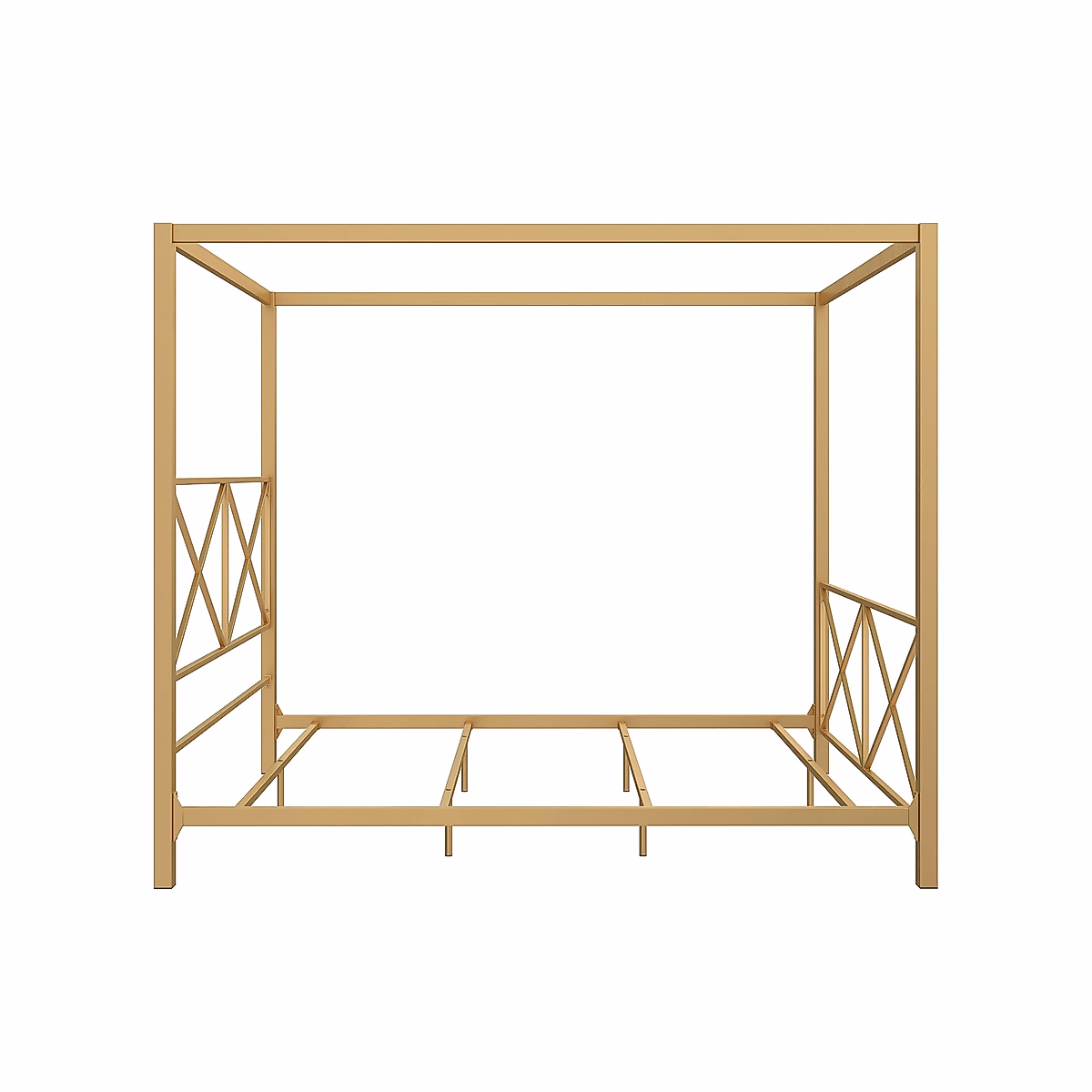 DHP Rosedale Metal Canopy Bed Frame with Four Poster Design and Geometric Accented Headboard and Footboard, Underbed Storage Space, Queen, Gold