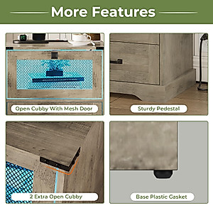 Hasuit Farmhouse Night Stand Set of 2 with LED Lights and Charging Station, Rustic Oak Nightstand with 2 Drawers, and Cubby with Wire Mesh Door, Bedside End Table for Bedroom