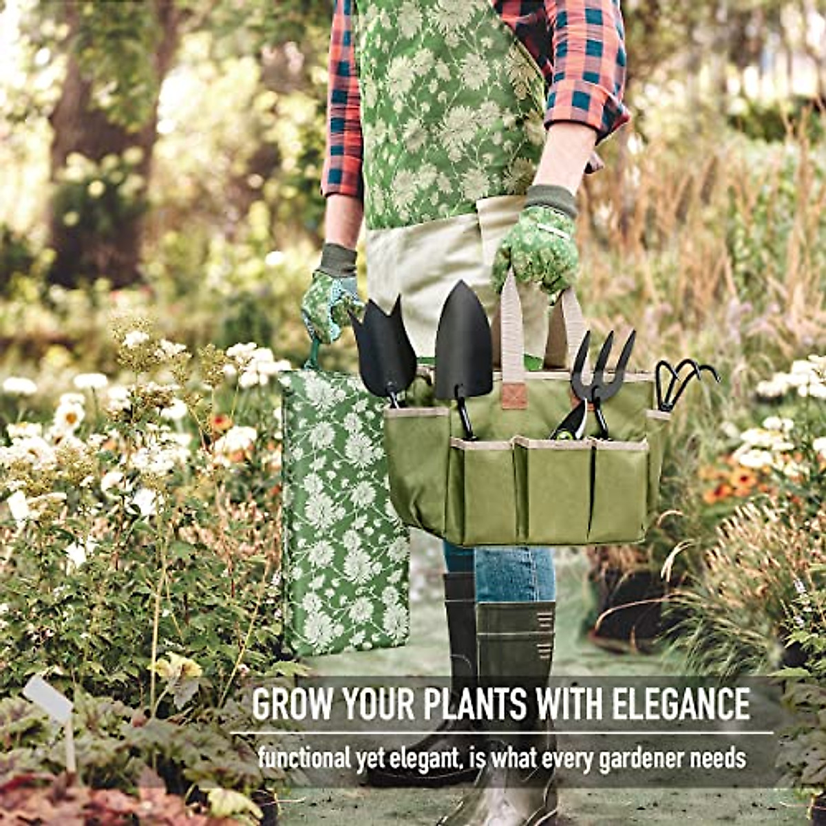 Colwelt Garden Tools Set, 8 Piece, Heavy Duty Gardening Tools with Wooden Handle, Including Garden Tote, Kneeling Pad, Gloves, Pruner, Trowel, Tulip Trowel, Cultivator - Gardening Gifts for Women Men