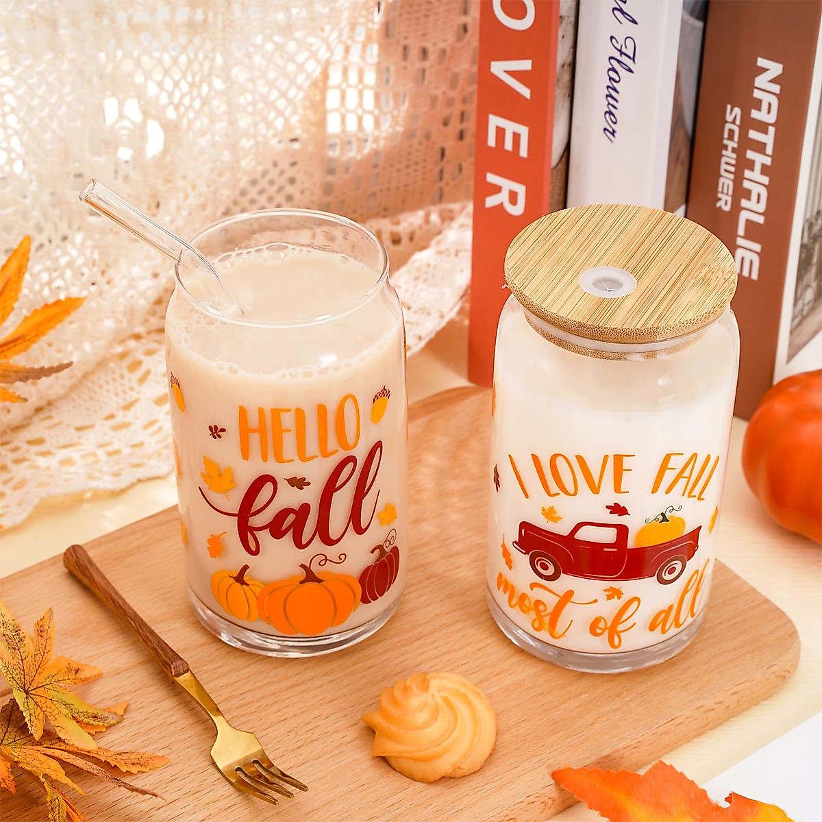 Whaline Hello Fall Drinking Glasses 16oz Fall Harvest Glass Cup Pumpkin Car Iced Coffee Cup with Bamboo Lid Glass Straw Cleaning Brush Gift for Autumn Thanksgiving Cocktail Whiskey Beer Soda, 2Pcs