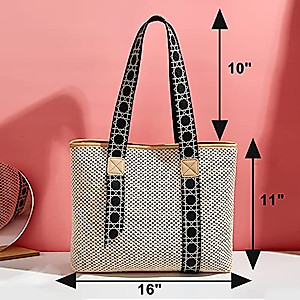 QTKJ Straw Bag, Beach Bags for Women, Soft Woven Beach Tote Canvas Shoulder Strap, Handmade Rattan Handbag for Vacation, Travel and Daily (Black 2)