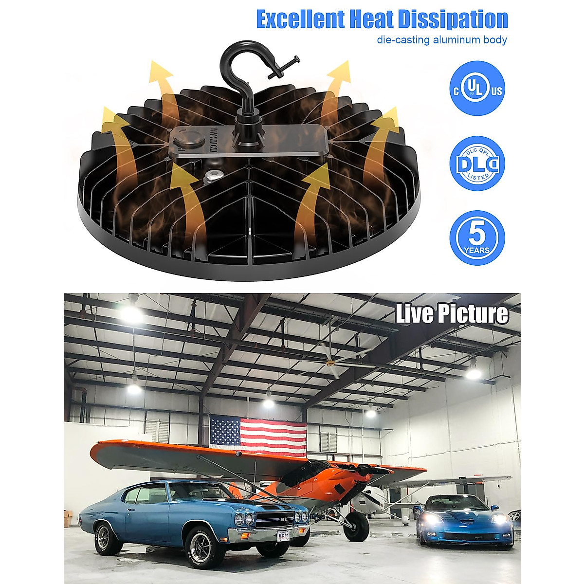 KUKUPPO 2 Pack 240W LED High Bay Light UL&DLC Listed, 36,000lm 240W/190W/140W, 3000K/4000K/5000K Adjustable LED UFO High Bay Shop Light Warehouse Light, 0-10V Dimmable, AC100-277V with Plug, Black