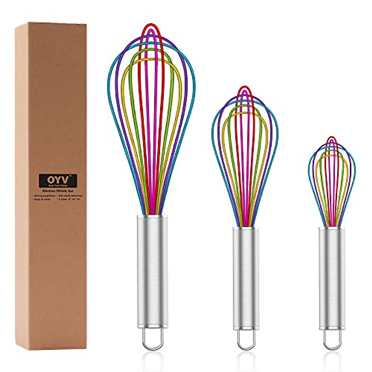 OYV Silicone Whisk,Professional Whisks For Cooking Non Scratch,Stainless Steel & Silicone Wisk,Plastic Rubber Whisk Tool For Nonstick Cookware,Silicon Wisks Set of 3,Rainbow,for Blending,Colorful.