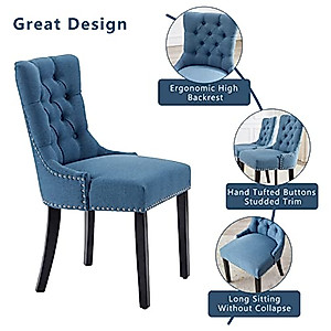 Kingfun Dining Chairs Set of 2, Upholstered Tufted Kitchen&Dining Room Chairs, Modern Accent Chairs Side Chair for Dinner Table/Waiting Room, Padded Nailhead Fabric Parsons Chairs(Solid Wooden, Blue)