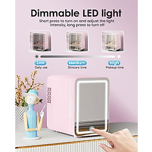 CUTIEWORLD Skincare Fridge With Dimmable LED Light Mirror, 4L Makeup Mini Fridge for Bedroom, Car, Office & Dorm, Cooler & Warmer, Portable Small Refrigerator for Cosmetics, Skin Care and Food, Pink