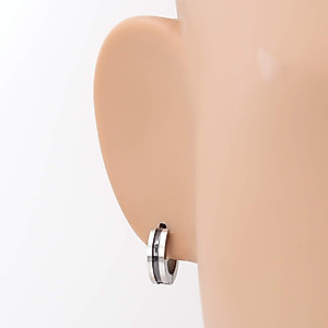 Pair Stainless Steel Silver Color Black Stripe Hoop Earrings