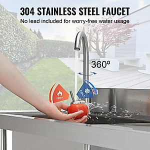 VEVOR Stainless Steel Utility Sink, Free Standing Single Bowl Commercial Kitchen Sink Set w/Workbench, 47 x 19.7 x 37.4 in Commercial Single Bowl Sinks for Garage, Restaurant, Laundry, NSF Certified