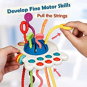 Baby Toys 6 to 12 Months,4 in 1 Silicone Pull String Montessori Toys for Babies 6-12 Months, Sensory Toys for 1 Year Old Boy Girl Birthday Gifts, Baby Essentials Toys for Travel,Bath,Motor Skills