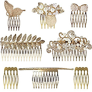 Lawie 8 Pack Large Gold Crystal Pearl Rhinestone Metal Hair Side Combs Clip With Teeth Grip Clasp Barrettes Pins for Women Bridal Wedding Veil Decorative Headpiece French Twist Vintage Accessories