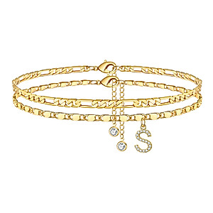 Ursteel 14k Gold Plated Adjustable Ankle Bracelet with S Initial for Women, Anklet Jewelry Gift for Teen Girls