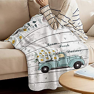 Truck Daisy Flower Throw Blanket 50" x 60", Lightweight Soft Bed Blanket for Bedroom Living Rooms, Cozy Fleece Comfy Microfiber Throw Blankets for Couch Sofa, Wild Floral Fresh Design Farmhouse Plank
