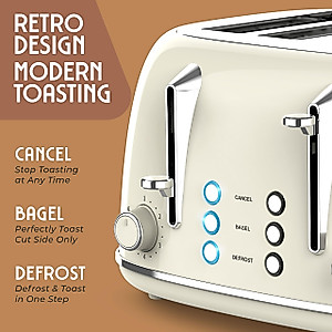 Mueller Retro Toaster 4 Slice with Extra Wide Slots Bagel, Defrost, and Cancel Function, 6 Browning Levels, Dual Independent Controls, Removable Crumb Tray and High Lift Levers, Beige