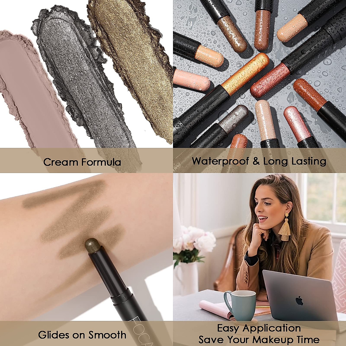 FOCALLURE 3PCS Cream Eyeshadow Stick Sets, Light to Dark, Matte and Shimmer Eye Brightener Pencil,Long Lasting Eye Shadow Highlighter Makeup,Smoky Star