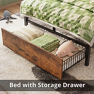 LIKIMIO Twin Bed Frames with Drawer, Storage Headboard with Outlets, No Box Spring Needed, Easy Assembly, Vintage Brown