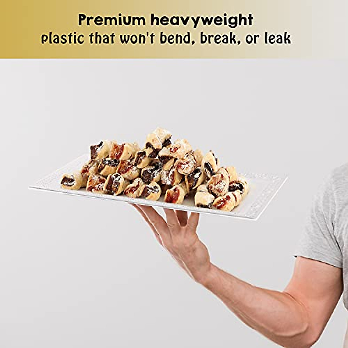 Yumchikel- Serving Tray Plastic for Party, 14" x 7.5" Platters for Serving Food, White Food Tray for Snacks, Food, Cookies, Set of 4, BPA Free