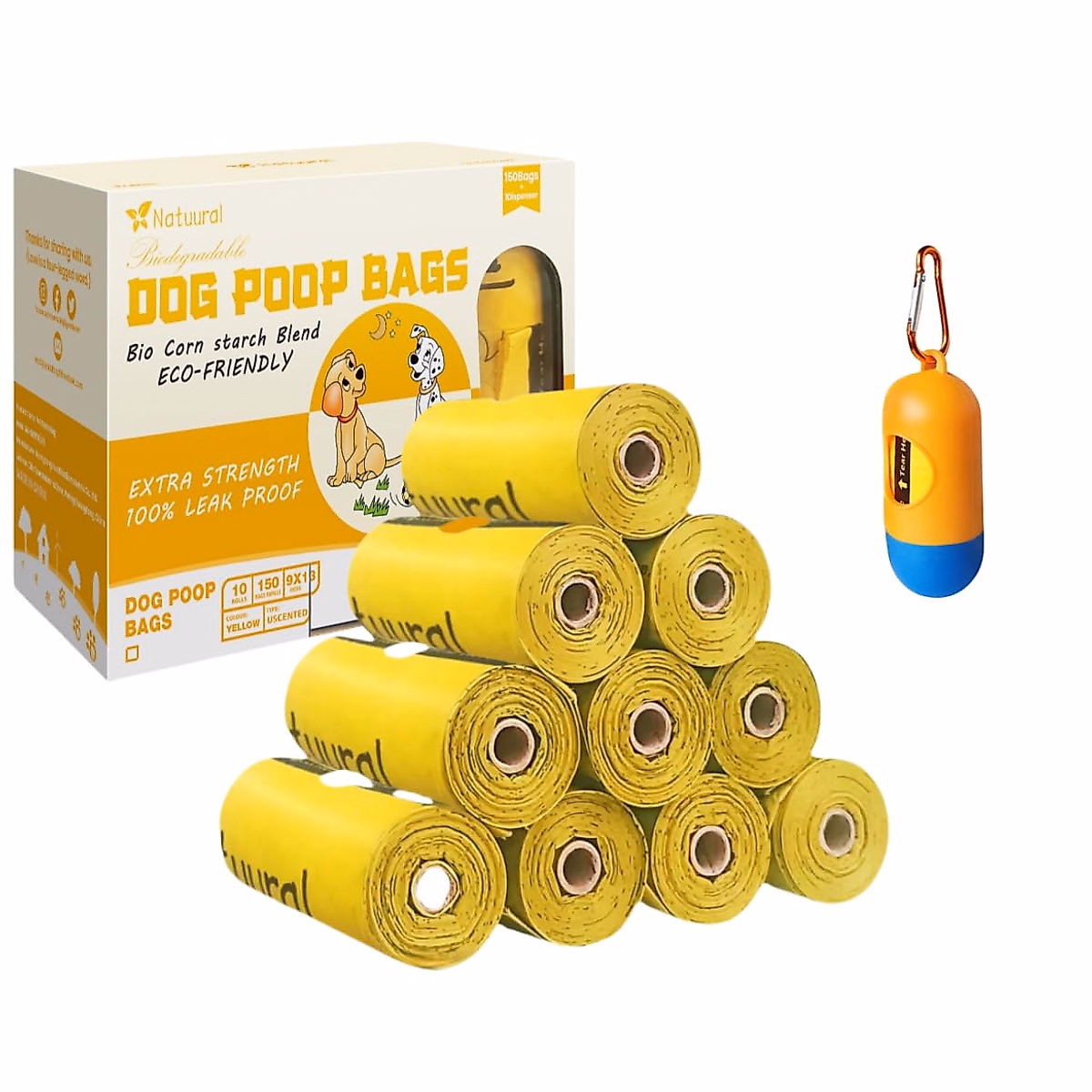 Dog Poop Bags Rolls-150 Bags with Leash Dispenser (10 Rolls), Biodegradable Poop Bags Made of Cornstarch, 100% Leak Proof and Easy to Open (Yellow)