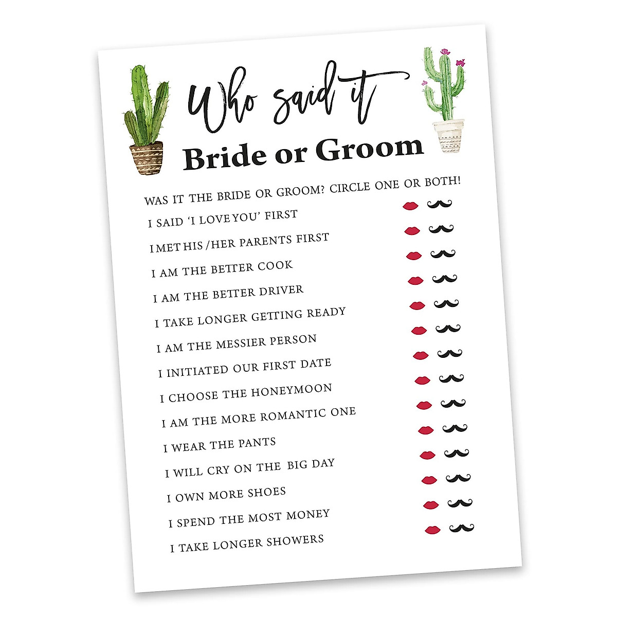Inkdotpot Cactus Taco'bout Love 50-Pack He Said She Said Cards for Couples Funny Rehearsal Dinner Who Said it Question Bridal Shower Engagement Party Game Ideas