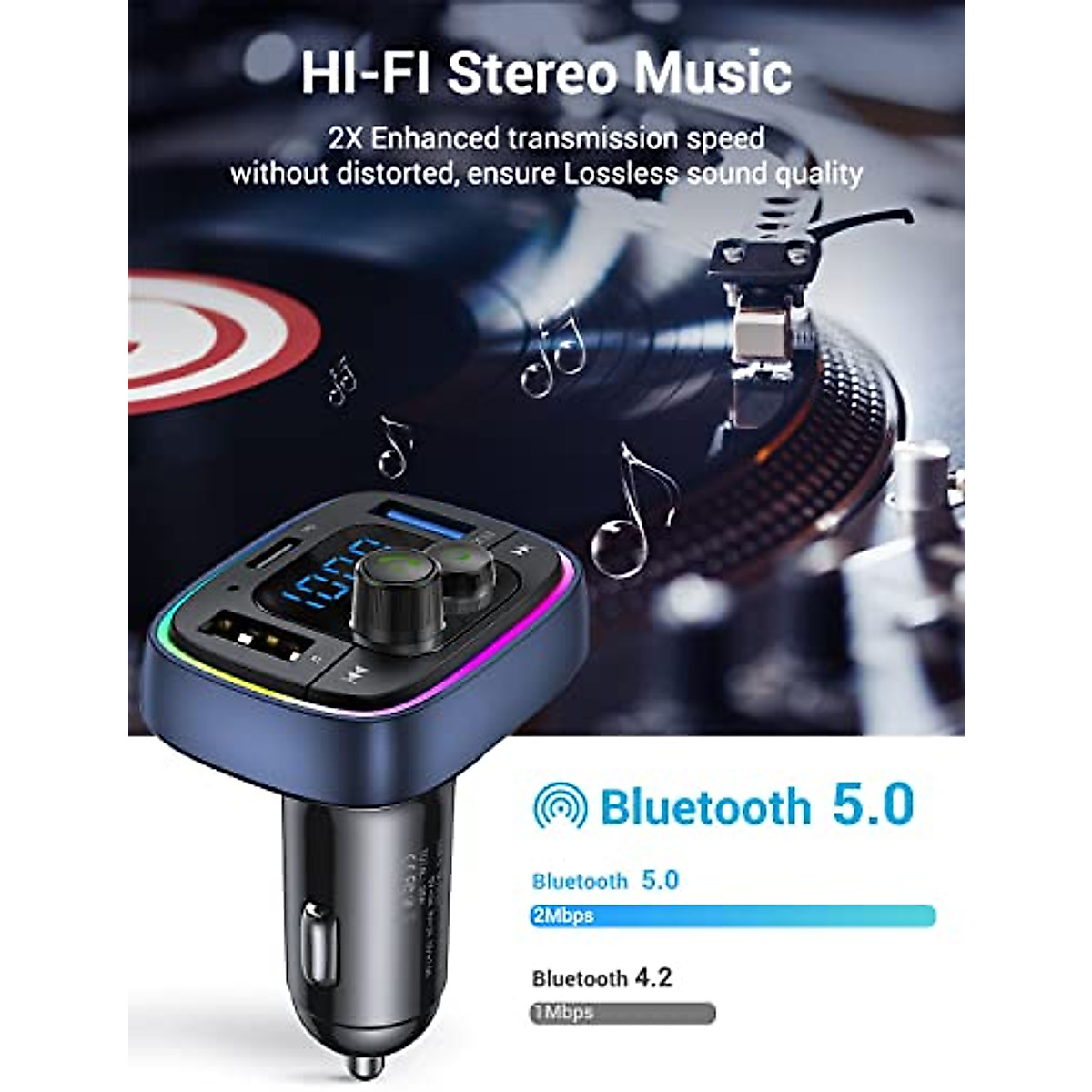 AINOPE Fm Transmitter Bluetooth Car Adapter, 36W/6A PD&QC3.0 Bluetooth Radio Transmitter Car Adapter, 7-Colors LED Backlit V5.0 Bluetooth Adapter Car, Wireless Call - Blue