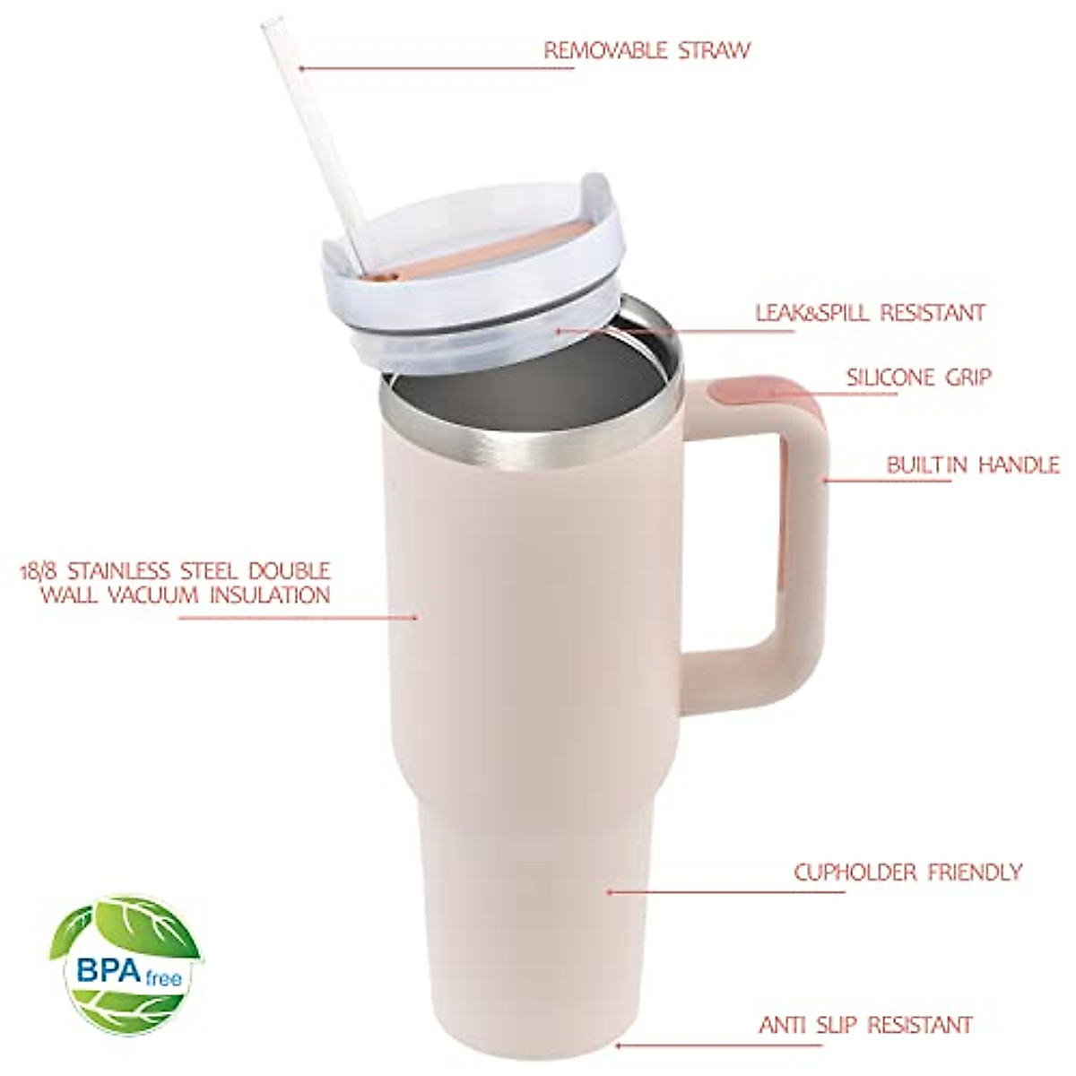 EVERGLITTER 40 oz Tumbler with Handle,Stainless Steel Double Wall Vacuum Insulated Tumbler with Handle Straw,BPA-FREE,40oz Cold Cup with Handle Leakproof,Pink Gifts for Women,Keeps Cold/H Hours