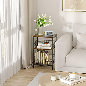 X-cosrack Side Table, Industrial Retro End Table Nightstand Storage Shelf for Living Room Bedroom Kitchen Family and Office,Small Table for Small Spaces(Rustic Brown & Black)