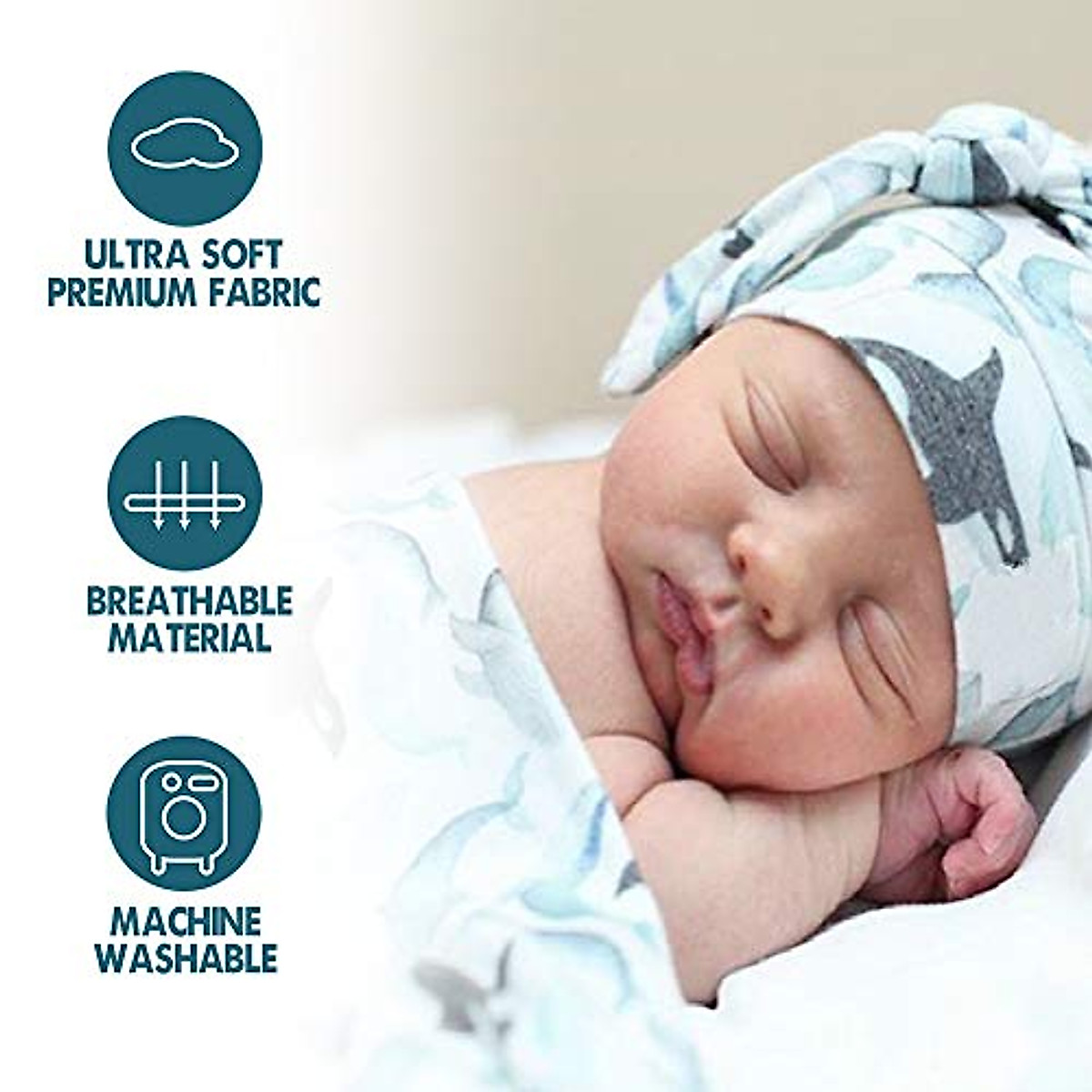 Newborn Swaddle Blankets with Beanie Hat 4 Pack Set for Boys Whale+Camouflage Baby Receiving Blanket