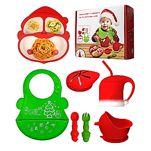 Silicone Baby Feeding Set for Christmas,Toddler Plates and Bowls Set with Suction, Baby-Led Weaning Supplies with Adjustable Bib, Sippy Cup,Chewable Spoons & Forks, Baby Utensils 6+Months