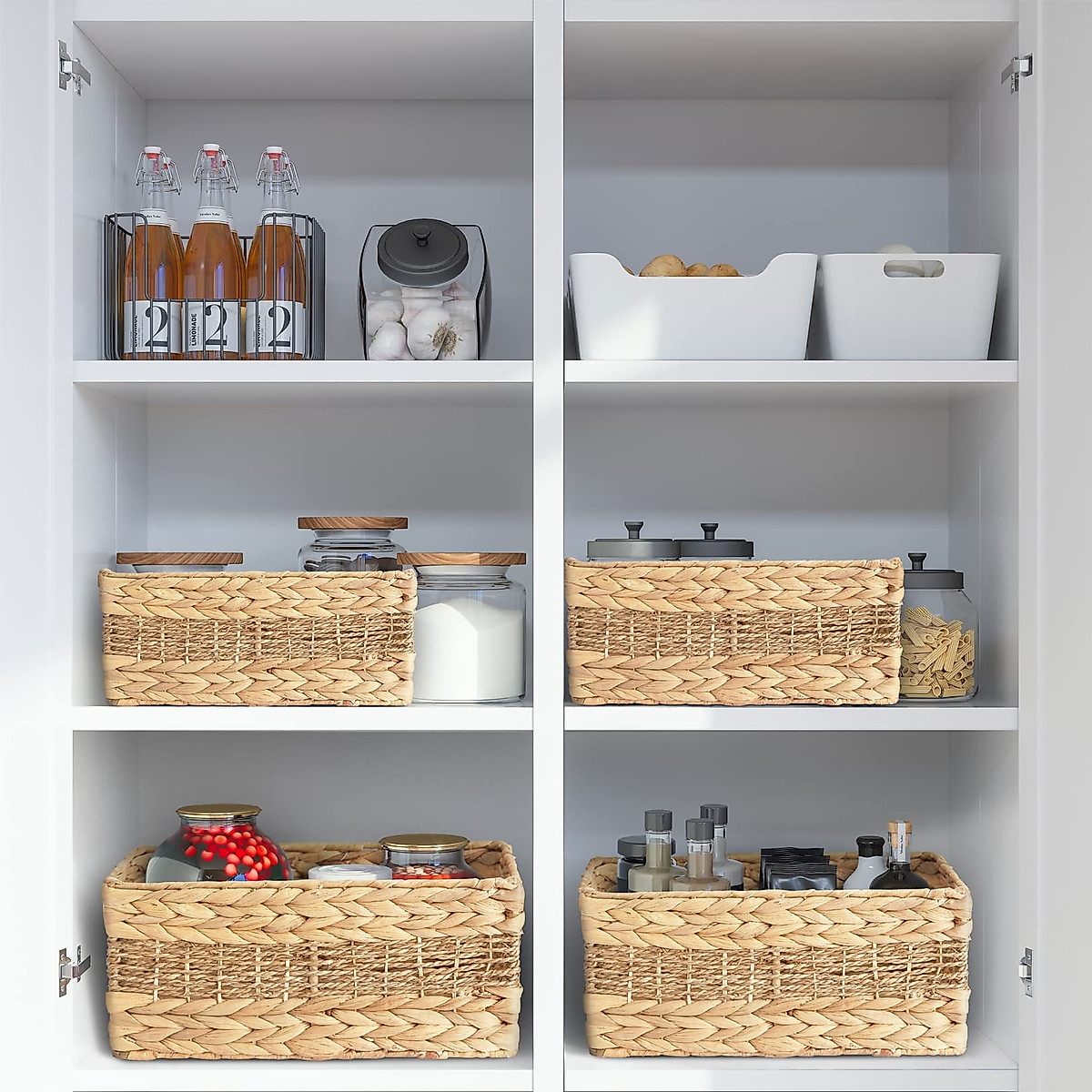 Artera Large Wicker Storage Basket - Set of 4 Woven Water Hyacinth Baskets with Handle, Large Rectangular Natural Nesting Storage Bins for Bedroom, Bathroom, Laundry Room or Kitchen (Style 1)