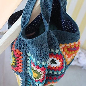 Navy Granny Square Bag Hippie Classic Handmade Crochet Vintage Shoulder Tote Bags For Winter Navy