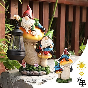 Ovewios Garden Gnome Statue, Large Funny Gnome Figurine Climbing on Mushroom and Holding a Solar LED Lantern Resin Ornament for Patio Yard Lawn Porch Outdoor Decor