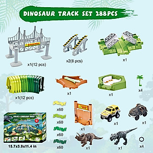 WESPREX Dinosaur Race Track Toy Set 288 PCS, Flexible Track Playset w/ 240 Tracks, 1 Dinosaur Car, 1 Race Car, 1 Drawbridge, 1 Tunnel, Create A Dino Track, Dinosaur Toy Gift for Kids Boys Girls Age 3+