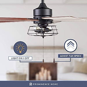 Prominence Home Marshall, 52 Inch Industrial Style LED Ceiling Fan with Light, Pull Chain, Three Mounting Options, Dual Finish Blades, Reversible Motor - Model 51457-01 (Matte Black)