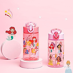 Zak Designs Kids Water Bottle For School or Travel, 16oz 2-Pack Durable Plastic Water Bottle With Straw, Handle, and Leak-Proof, Pop-Up Spout Cover (Disney 100 Princess, Limited Edition)