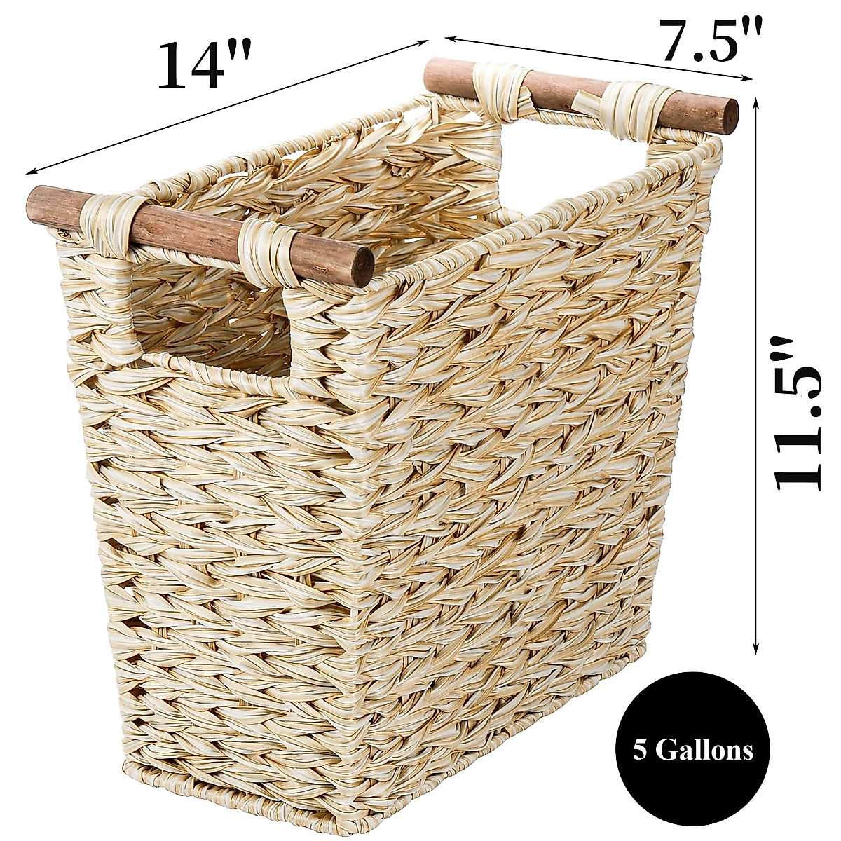 Pumtus Woven Waste Basket, Plastic Wicker Trash Can with Wooden Handles, Rectangular Storage Basket Garbage Container Bin for Bathroom, Office, Kitchen, Home, Laundry, Utility Room, Garage